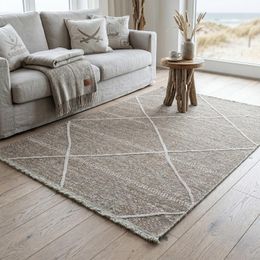 Sansibar Teppich &raquo;Braderup&laquo; rechteckig 2 mm H&ouml;he Flachgewebe, modernes Scandi Design, Motiv Rauten, mit Fransen beige Schurwolle B : 80cm 1 Stk., 2mm, L: 150cm