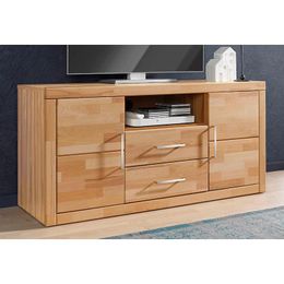 OTTO home Lowboard &raquo;Logo,130cm breit, Fronten Massivholz,5 F&auml;cher&laquo; Holz massiv, Holzwerkstoff, Metall Griffe,2 T&uuml;ren,2 Schubladen beige Holz 