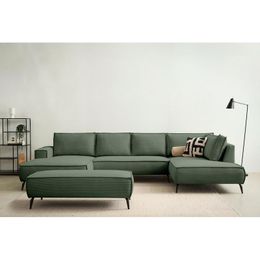 OTTO home Wohnlandschaft &raquo;TVINNU Cord, 354 cm, mit Hocker&laquo; Recamiere rechts/links, stellbar zum Schlafsofa (Krokodilverbinder) gr&uuml;n B/H/T: 354cm x 