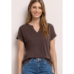 Street One Damen T-Shirt, braun, Gr. 34, unifarben, Web, 50% Baumwolle, 50% Modal, Shirts, mit geschlitztem Rundhalsausschnitt