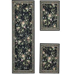 Theko Bettumrandung &raquo;Flomi Sagrini&laquo; H&ouml;he 3 mm 3 Stk. tlg. Teppich-Set, Flachgewebe, Pastell-Farben, Blumen Design, mit Bord&uuml;re schwarz Obermaterial: 