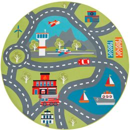 Paco Home Kinderteppich &raquo;Bino 562&laquo; rund 4 mm H&ouml;he Kurzflor, Stra&szlig;en-Spiel-Teppich, Motiv Flughafen, Kinderzimmer gr&uuml;n Polyester &Oslash; 160cm 1 Stk., 4mm, &Oslash; 160cm