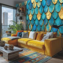 Livingwalls LIVING WALLS Vliestapete "Fototapete Schuppenoptik Gold Blau erweiterbar", B/L: 2,8m x 1,59m, Rollen: 1, blau, Wohnzimmer, Tapeten