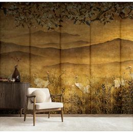 Livingwalls living walls Fototapete &raquo;The Wall 4 Flowers &ndash; Goldene Berge mit Bl&uuml;ten und V&ouml;geln Fototapete&laquo; botanisch floral matt leicht strukturiert Goldene Berge 
