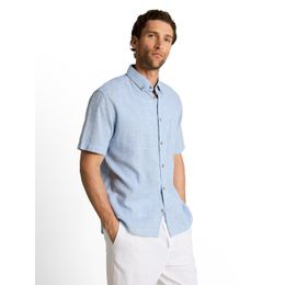 Tom Tailor Herren Kurzarmhemd, blau, Gr. M, gemustert, Web, Obermaterial: 55% Leinen, 45% Baumwolle, Hemden, mit Button-Down Kragen
