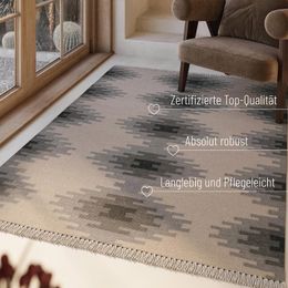 Wollteppich &raquo;Belle&laquo; rechteckig 5 mm H&ouml;he Fransen, Kelim, handgewebt, Natur, Wohnzimmer, Schlafzimmer, Raute beige Wolle B : 80cm 1 Stk., 5mm, L: 150cm