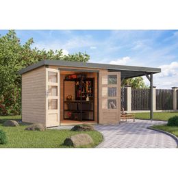 Karibu Gartenhaus &raquo;Jupiterino 3,5 SET, in verschiedenen Farben&laquo; inkl. Anbaudach braun Massivholz ohne Fu&szlig;boden, Blechdach