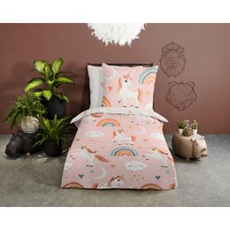 PURE luxury collection Kinderbettw&auml;sche &raquo;Aina&laquo; 2 Stk. 135x200, Pflegeleicht, Rei&szlig;verschluss, Wendeoptik, Kind, Einhorn, Rosa rosa Microfaser, 