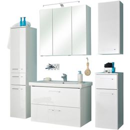 Badm&ouml;bel-Set &raquo;Quickset 316 5-teilig, inkl. Keramik-Waschtisch und LED-Spiegelschrank&laquo; Set, 5 Stk. tlg. wei&szlig; Holzwerkstoff B/H/T: 142cmcm x 200cmcm x 