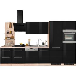 KOCHSTATION K&uuml;chenzeile &raquo;KS-Brindisi Breite 340 cm&laquo; wahlweise mit E-Ger&auml;ten und Induktion, mit MDF-Fronten und Regal schwarz B/H/T: 340cm x 200cm x 