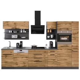 KOCHSTATION K&uuml;chenzeile &raquo;KS-Tulsa&laquo; mit E-Ger&auml;ten, Breite 320 cm, schwarze Metallgriffe, MDF Fronten braun B/H/T: 320cm x 60cm
