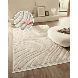 Teppich, B:240cm H:20mm L:320cm, beige, HOMSY BY ANA JOHNSON, Kunstfaser, Wohnzimmer, Teppiche, "Waavy mit Fransen, Wellen Design", Boho, 3D Optik,
