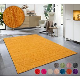 Theko Wollteppich &raquo;Holi&laquo; rechteckig 13 mm H&ouml;he Uni-Farben, leicht meliert, reine Wolle, handgewebt mit Kn&uuml;pfoptik gold Schurwolle B : 190cm 1 Stk., 
