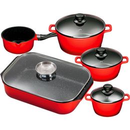 King Topf-Set Set, je 1 Kochtopf 16/20/24 cm, Stielkasserolle 16 cm, Br&auml;ter 40 x 26 cm, 5 Stk. tlg. Aluminiumguss rot Einheitsgr&ouml;&szlig;e