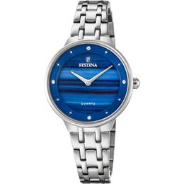 Festina Damen Quarzuhr &raquo;Mademoiselle&laquo; Armbanduhr, Damenuhr, Edelstahlarmband, analog, Zirkonia (synth.) blau Einheitsgr&ouml;&szlig;e
