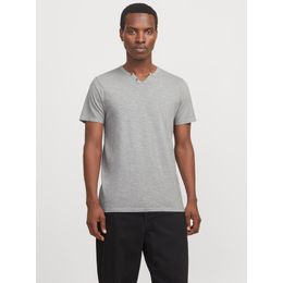 Jack & Jones JACK & JONES Herren T-Shirt "SPLIT NECK TEE", grau, Gr. M, unifarben, Jersey, Obermaterial: 100% Baumwolle, Shirts, mit V-Ausschnitt