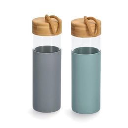 zeller Trinkflasche 2-teilig, Glas/Bambusdeckel/Siliko, je 500 ml gr&uuml;n Bambus, Borosilikatglas, Polypropylen (PP), Silikon 500ml