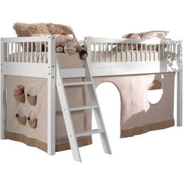 Vipack Spielbett &raquo;Forrest 90/200 aus massiver Buche wei&szlig; lackiert, inkl. Vorhang-Set&laquo; stabil gebaut mit umlaufenden Absturzschutz, Leiter und Rolllattenrost 