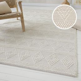 OTTO home Teppich &raquo;Grunno&laquo; rechteckig 8 mm H&ouml;he 70% Wolle, handgewebt, Raute, Hoch-Tief, Wohnzimmer, Naturfaser beige Baumwolle, Schurwolle B : 80cm 1