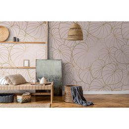 Livingwalls living walls Fototapete &raquo;The Wall&laquo; botanisch floral nat&uuml;rlich glatt Fototapete Bl&auml;tter Tapete Dschungel Tapeten Wohnzimmer modern Design rosa Vinyl, 