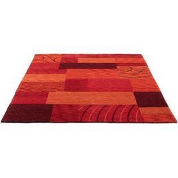 Theko Wollteppich &raquo;Domas 4028&laquo; rechteckig 12 mm H&ouml;he Kurzflor, reine Wolle, handgekn&uuml;pft, modernes Patchwork Design rot Schurwolle B : 70cm 1 Stk., 