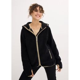 bonprix Damen bonprix Fleecejacke mit Kapuze mit Kapuze, aus Teddy-Fleece, l&auml;ssige Passform, mit Stehkragen schwarz 56/58 (XXXL)