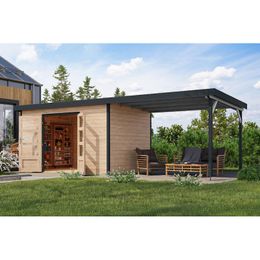Karibu Gartenhaus &raquo;Plutino 7 SET, in verschiedenen Farben&laquo; inkl. Anbaudach Massivholz ohne Fu&szlig;boden, Blechdach