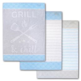 Dyckhoff Geschirrtuch &raquo;Grill & Chill, mit 3 verschiedenen Motiven, Ma&szlig;e je Tuch ca. 50x70 cm&laquo; aus 100% Baumwolle, mit Grillbesteck-Motiv und Schriftzug blau 