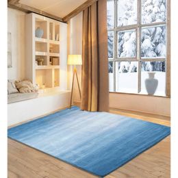 OTTO home Wollteppich &raquo;Lessach&laquo; rechteckig 14 mm H&ouml;he Handweb Teppich, mit modernem Farbverlauf, reine Wolle, handgewebt blau Schurwolle B : 60cm 1 