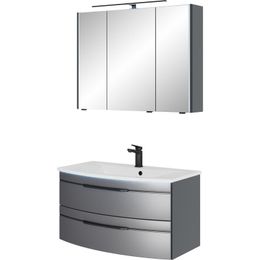 Badm&ouml;bel-Set &raquo;Serie 7045 2-teilig Mineralmarmor-Waschtisch mit LED-Spiegelschrank&laquo; Set, 2 Stk. tlg. grau Holzwerkstoff B/H/T: 93,2cmcm x 200cmcm x 