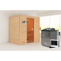 Karibu Sauna &raquo;"Sunie" mit bronzierter T&uuml;r SET, naturbelassen, mit Ofen 9 kW&laquo; aus hochwertiger nordischer Fichte beige Bio-Kombiofen, externe Steuerung, 400 