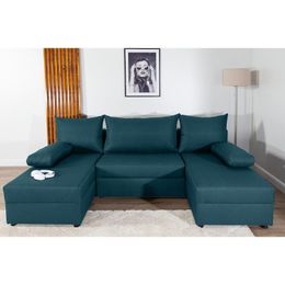 Collection AB Wohnlandschaft &raquo;Pico U-Form, B: 252 cm&laquo; Schlaffunktion, Bettkasten & 2 Zierkissen blau 100%Polyester B/H/T: 220cm x 39cm x 158cm, 