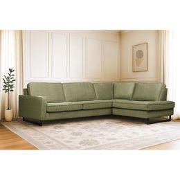 OTTO home Ecksofa &raquo;Pinto, 290 cm, Cord, Chenille, Lederoptik, Ottomane links / rechts&laquo; mit Keder, schwarze Metallf&uuml;&szlig;e, Wellenunterfederung gr&uuml;n Luxus-