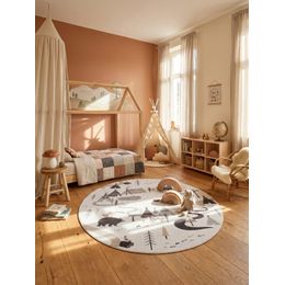 KADIMA DESIGN Kinderteppich Dinosaurier Waschbar Rutschfest Spielteppich in Creme | Gr.: rund: 120 cm &Oslash;