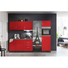 K&uuml;chenzeile KOCHSTATION, B:280cm H:200cm T:60cm, rot, Komplettk&uuml;chen-Sets, "KS-Paris &ndash; K&uuml;chen mit einzigartigen Fotomotiven auf den Fronten", Breite