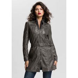 Mauritius Damen Ledermantel &raquo;BENTE2&laquo; lange Lederjacke mit G&uuml;rtel & abnehmbarem Kapuzen-Inlay grau XS/34 Trachtenmode