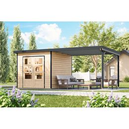Karibu Gartenhaus &raquo;Plutino 3 SET, in verschiedenen Farben&laquo; inkl. Anbaudach Massivholz ohne Fu&szlig;boden, Blechdach