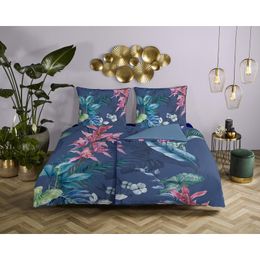 Descanso Wendebettw&auml;sche &raquo;Maee&laquo; 2 Stk. Satin, Rei&szlig;verschluss, Paspel, Biese, Wendeoptik, Luxe, Blume, Blau blau Renforc&eacute;, Obermaterial: 100% Baumwolle B/L: 