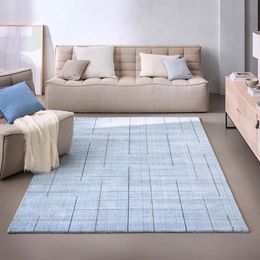 Wecon Home Teppich &raquo;Milly&laquo; rechteckig 11 mm H&ouml;he Kurzflorteppich, handgewebt, Naturfaser, Linienmuster, Wohnzimmer blau Lyocell B : 160cm 1 Stk., 11mm