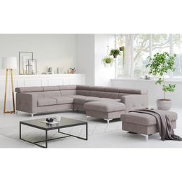 COTTA Wohnlandschaft &raquo;Sammy U-Form, B: 304 cm&laquo; Kopfteilverstellung, optional Schlaffunktion & Bettkasten grau NaturLEDER , die R&uuml;ckseite ist mit 