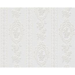 Livingwalls living walls Schaumtapete &raquo;Belle Epoque 1861&laquo; Streifen Tapete Barock Metallic wei&szlig; Kunststoff B/L: 0,53m x 10,05m