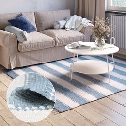 MyFlair Teppich &raquo;Karim&laquo; rechteckig 10 mm H&ouml;he Handweb Teppich, gestreift, 90% Baumwolle, handgewebt, mit Fransen blau Baumwolle, Polyester B : 140cm 1 Stk., 