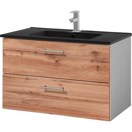 Welltime Waschtisch &raquo;Trento Badezimmerschrank mit Becken&laquo; Badm&ouml;bel in Breite 80 cm , Waschplatz mit 2 Schubladen, Badschrank braun Becken schwarz 
