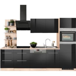 KOCHSTATION K&uuml;chenzeile &raquo;KS-Brindisi Breite 280 cm&laquo; wahlweise mit E-Ger&auml;ten und Induktion, mit MDF-Fronten und Regal schwarz B/H/T: 280cm x 200cm x 