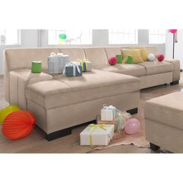 DOMO collection Ecksofa &raquo;Norma, elegant & modern, mit flachen Armlehnen, Breite 268cm, L-Form&laquo; wahlweise mit Bettfunktion beige NaturLEDER in Sitz und