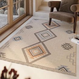 Wollteppich &raquo;Jong&laquo; rechteckig 5 mm H&ouml;he Fransen, Kelim, handgewebt, Natur, Wohnzimmer, Schlafzimmer, Raute beige Wolle B : 80cm 1 Stk., 5mm, L: 150cm
