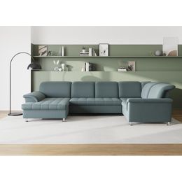 DOMO collection Wohnlandschaft &raquo;FRANZI optional mit Bettfunktion, Bettkasten & Kopfteilverstellung&laquo; U-Form, Recamiere links, eisblau, B/T: 352/214 cm 