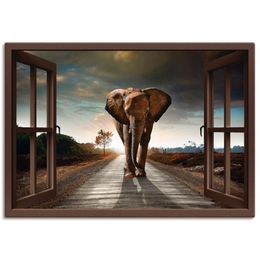 Artland Leinwandbild &raquo;Elefant auf Stra&szlig;e - braunes Fenster&laquo; Fensterblick 1 Stk. tlg. auf Holzrahmen gespannt braun Leinwand B/H/T: 70cm x 50cm, Leinwandbild 