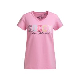 SOCCX Damen V-Shirtpink, Gr. S, bedruckt, Single Jersey, Material: 95% Baumwolle, 5% Elasthan, Shirts, mit Necktape
