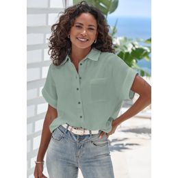 Damen Kurzarmbluse "aus weicher Musselinware", gr&uuml;n, Gr. 42, BEACHTIME BY LASCANA, unifarben, Web, Obermaterial: 100% Baumwolle, Blusen, Sommerliche